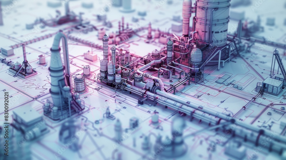 Detailed illustration of industrial pipelines and schematic overlays ...