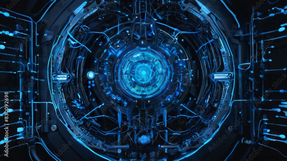 Futuristic dark technology tunnel illuminated by blue light beams Stock ...