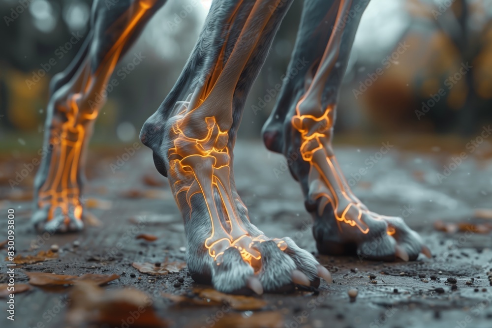 X-ray of walking dog's paw. Roentgen scan of domestic animal forelimbs ...