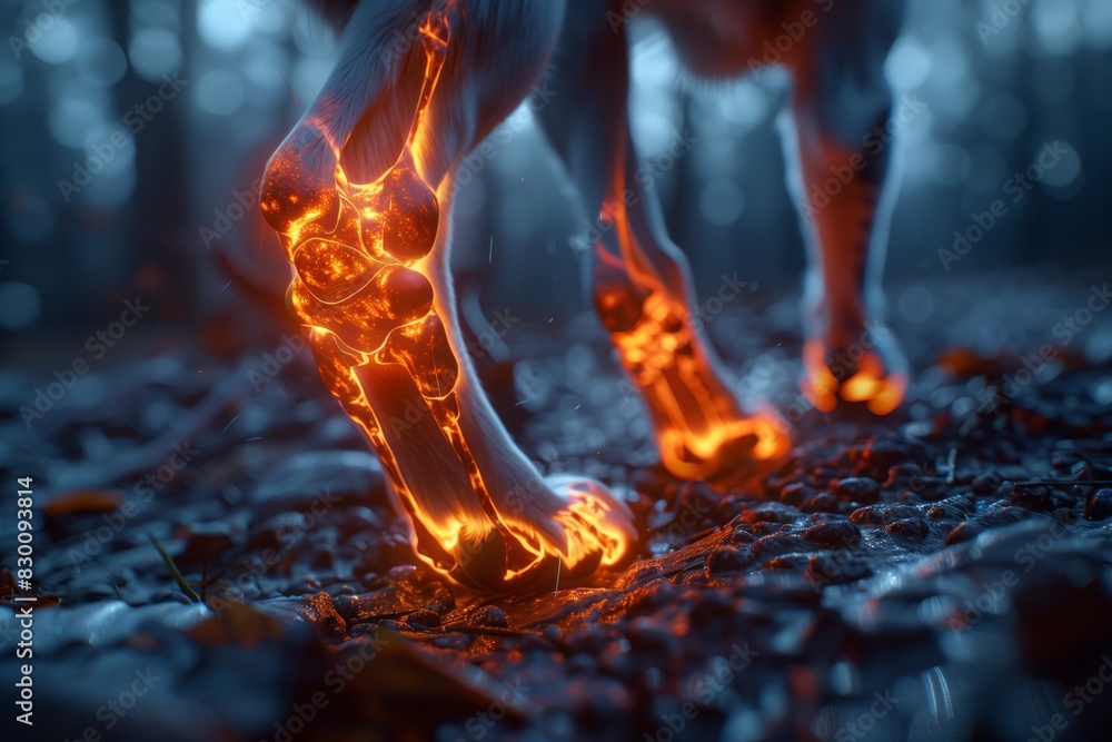 X-ray of walking dog's paw. Roentgen scan of domestic animal forelimbs ...