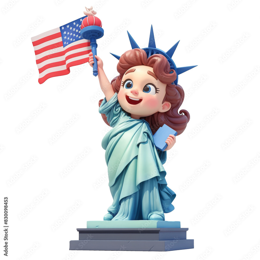 Cute cartoon statue of liberty holding American flag, symbolizing ...
