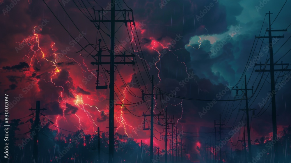 A dramatic lightning storm illuminating the night sky behind rows of ...