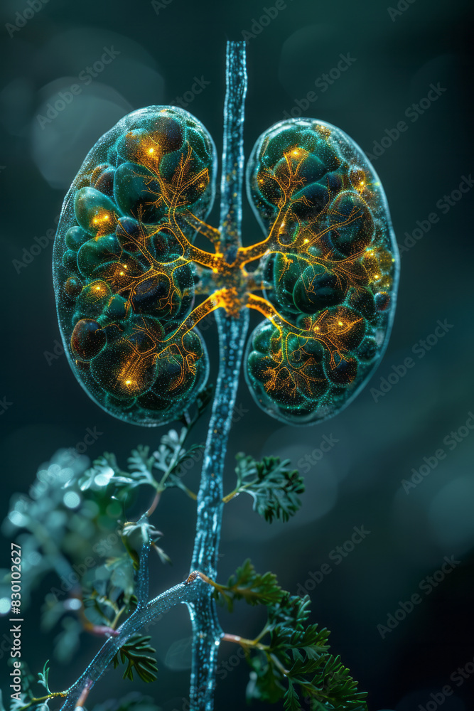 Scene of a pair of kidneys in vibrant green, with the outer edges ...