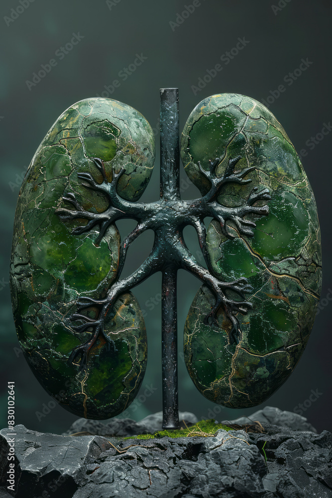 Scene of a pair of kidneys in vibrant green, with the outer edges ...