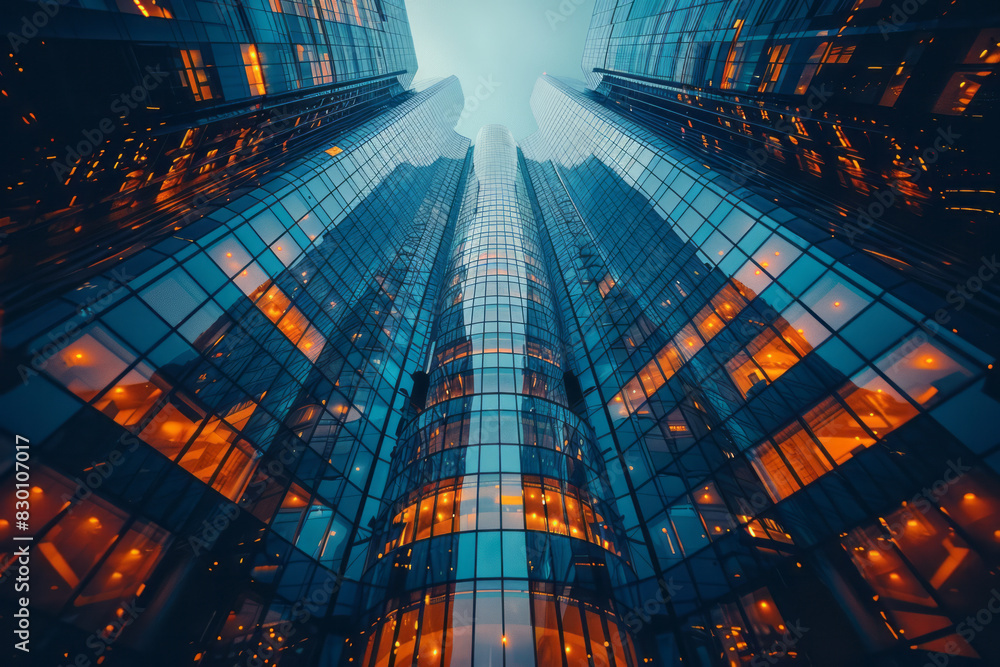 Scene of a modern urban area with glass skyscrapers leaning outward ...