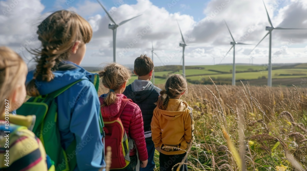 A group of school children on a field trip to a wind farm, learning ...