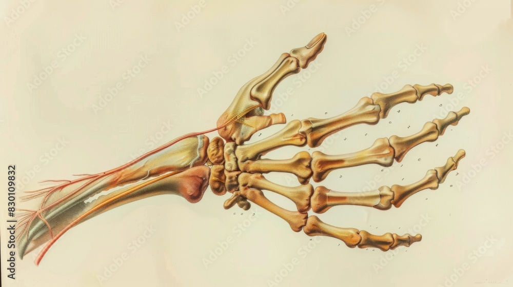 A medical diagram of the human hand, with bones and ligaments labeled ...
