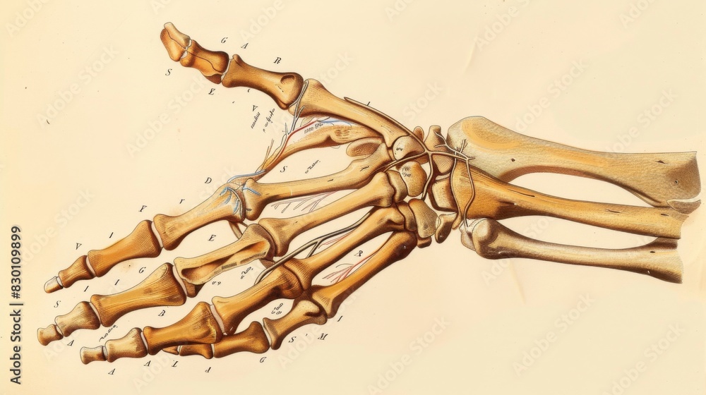 A medical diagram of the human hand, with bones and ligaments labeled ...