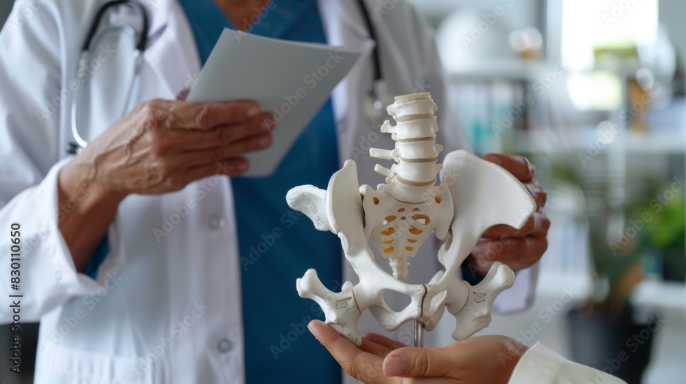 A medical professional holding a model of the human pelvis, explaining ...