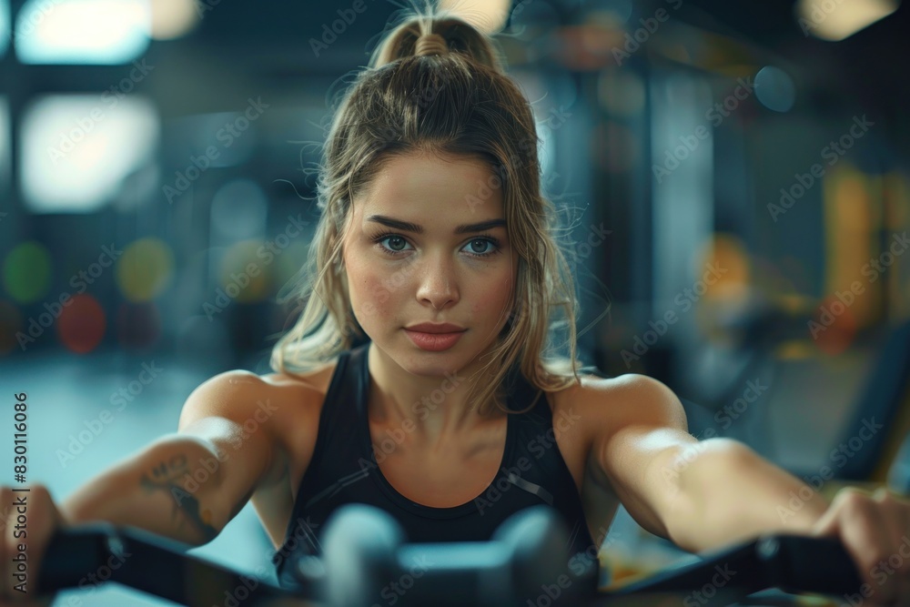 A high-resolution photo of a woman using a rowing machine in a modern ...