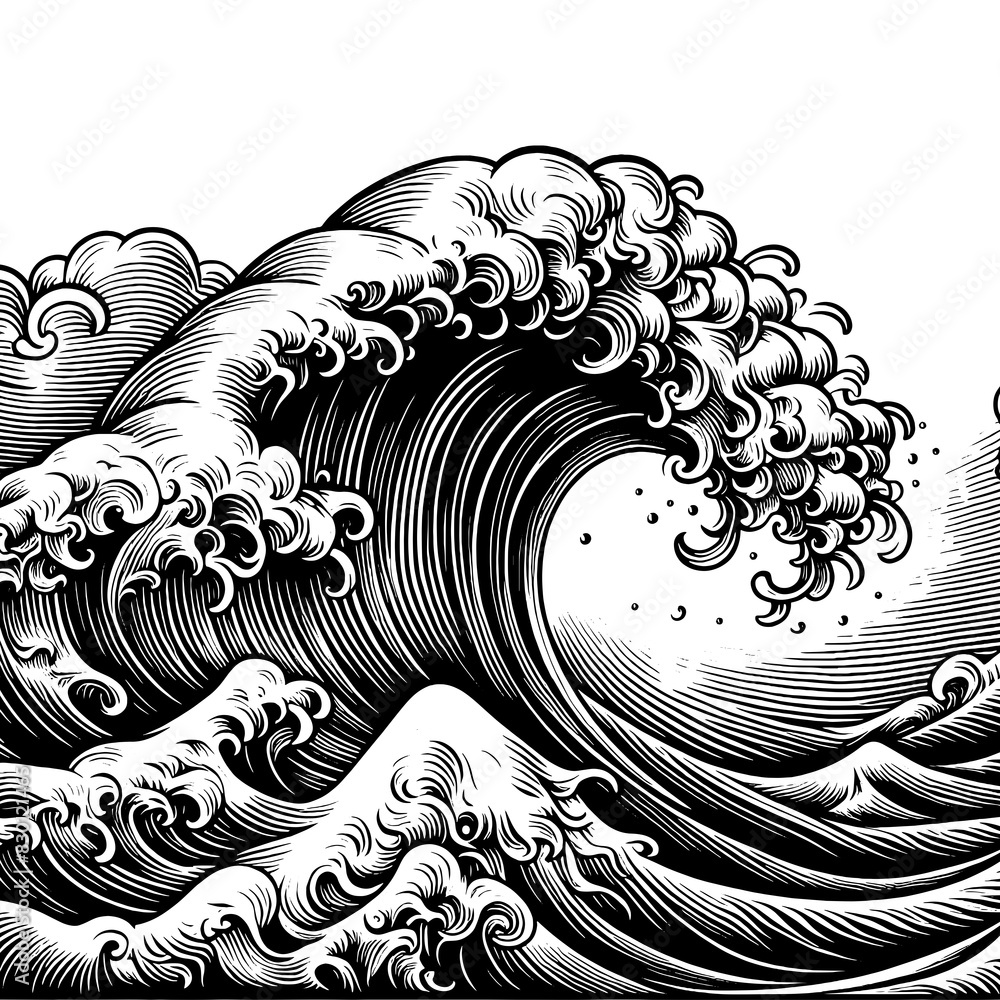 stylized ocean wave with ornate, swirling patterns, capturing the power ...