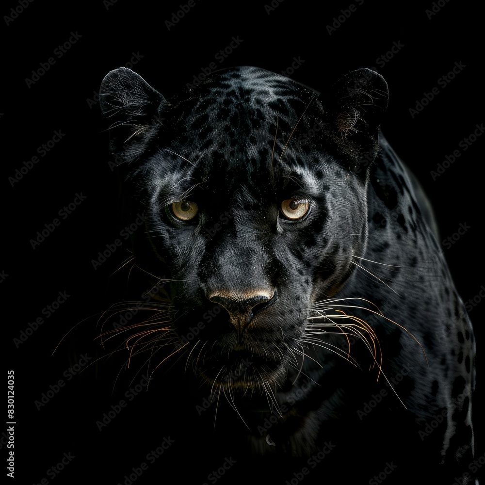 Front view of Panther on black background. Wild animals banner with ...