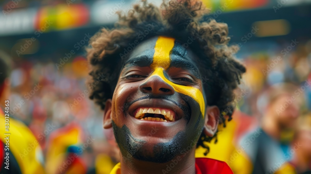 Happy Belgian male supporter with face painted in German flag german ...