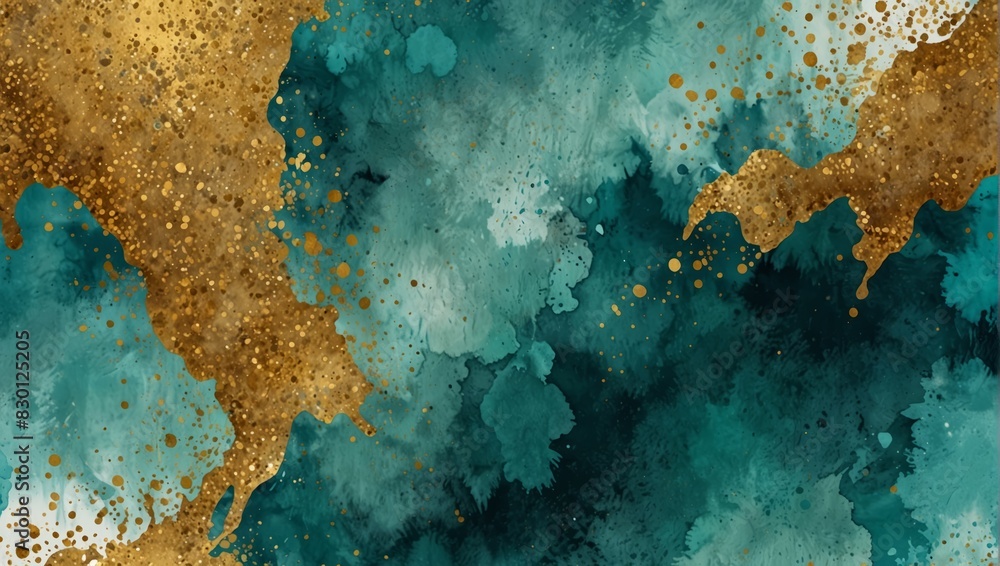 Luxury Turquoise Watercolor Border Background with Gold Glitter ...