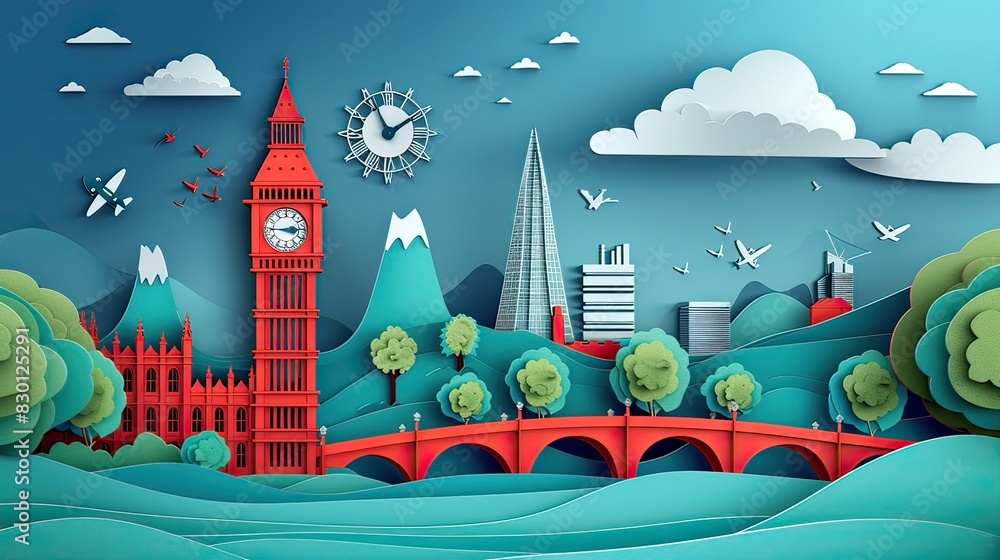 Big Ben, paper-cut style, infographic layout, classic British colors ...