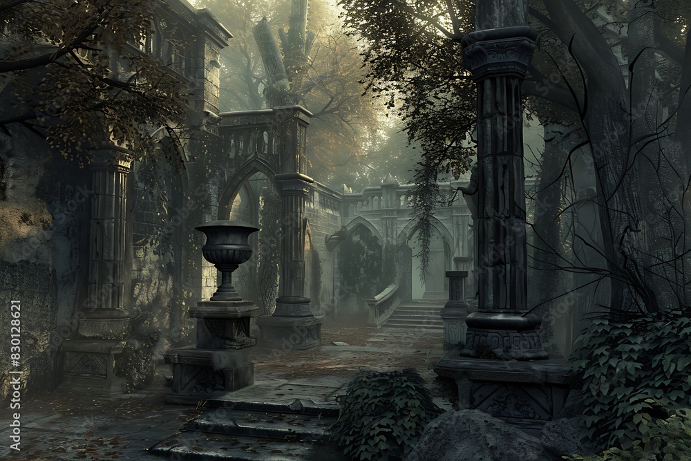 Medieval Fantasy, interior of an ancient stone room with pillars and ...