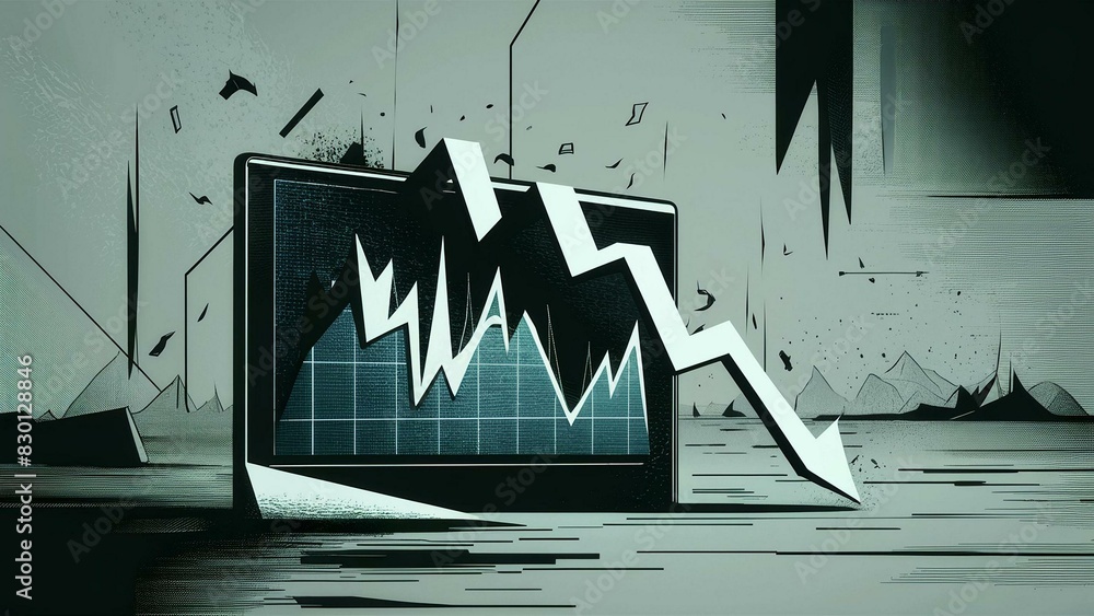 An animated graph going down with an arrow pointing downward, set ...