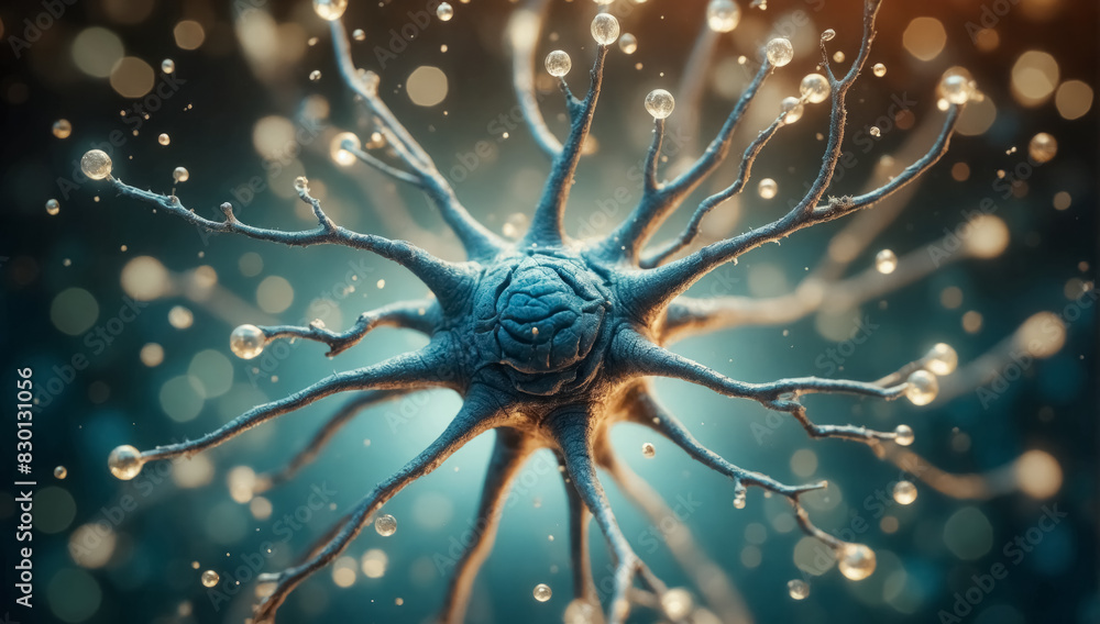 Poster 3D illustration of a neuron cell with extended dendrites ...