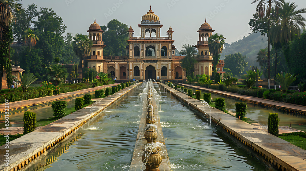serene image of Shalimar Gardens their lush greenery cascading fountain ...