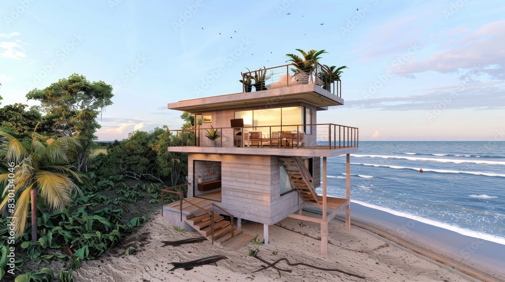 Tiny beach house plan with a rooftop deck and ocean access Stock ...