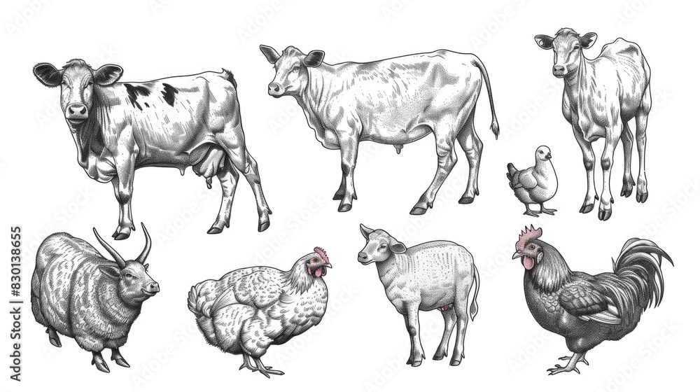 Animals meet types ink illustrations set, hand drawn illustrations of ...