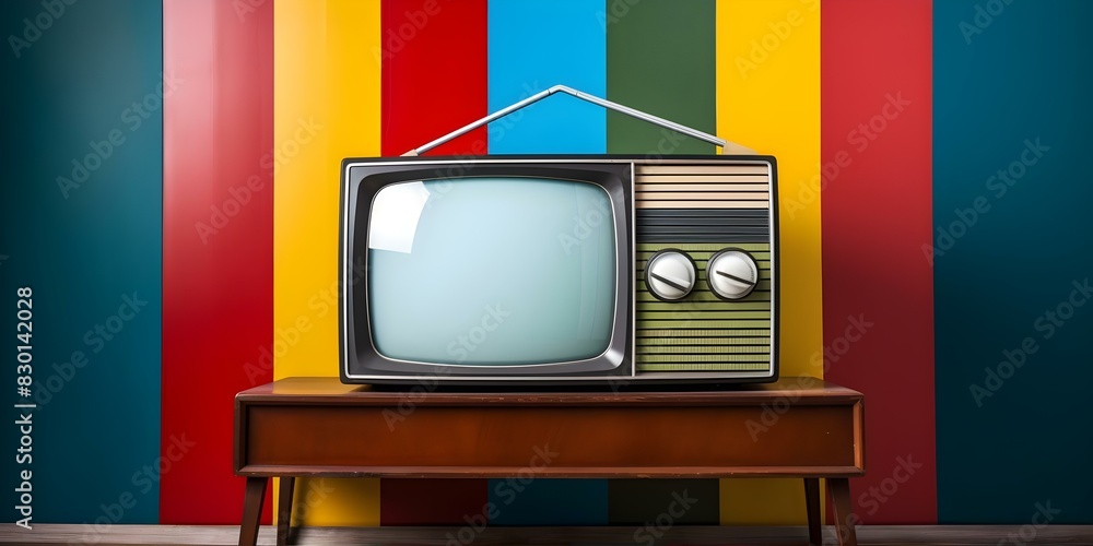 Vintage TV showing colorful test pattern on blue background. Concept ...