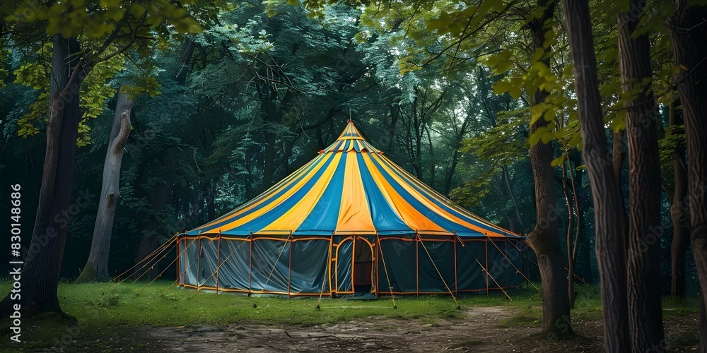 Colorful big top tent stands out among trees in outdoor setting ...