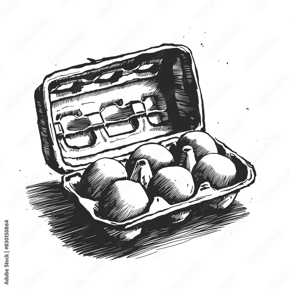 Egg carton ink sketch drawing, black and white, engraving style vector ...