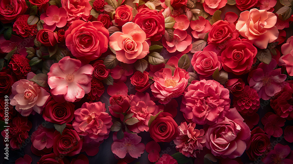 Mixed different shades of red rose flower wall background. Stock Photo ...
