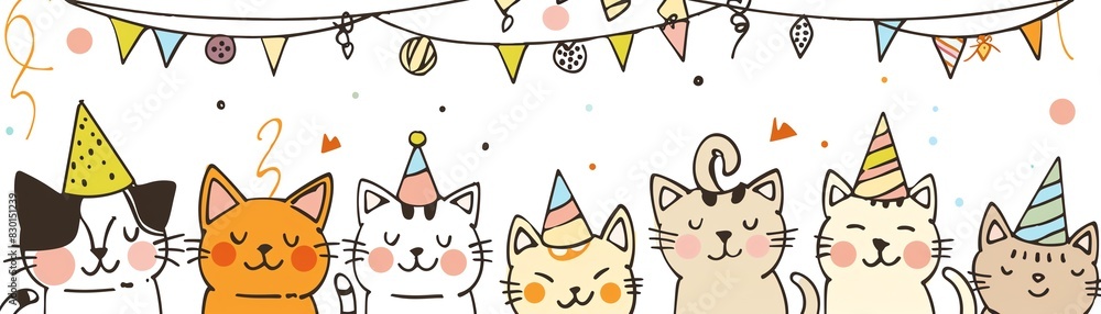 Cute cartoon cats in party hats celebrating with festive decorations ...