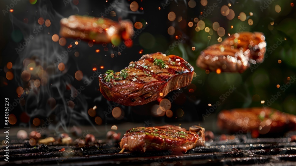 Grill Pork Chops steaks, realistic 3d brisket flying in the air ...