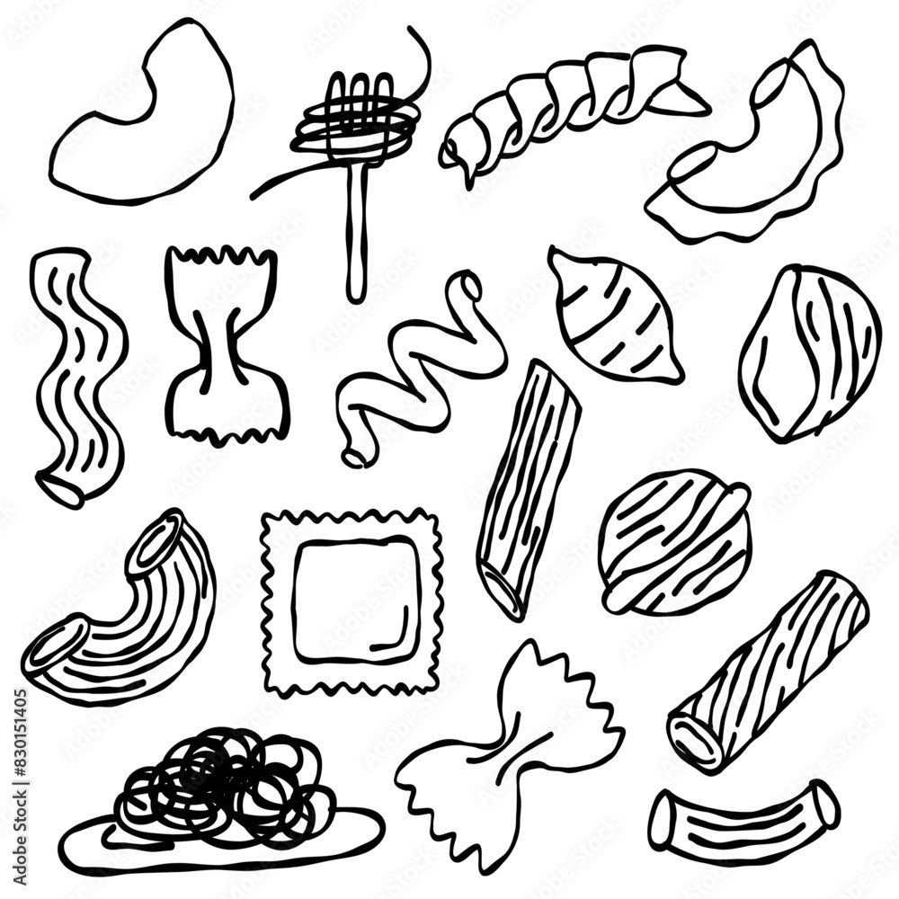 set of illustrations with different types of pasta with doodles or ...