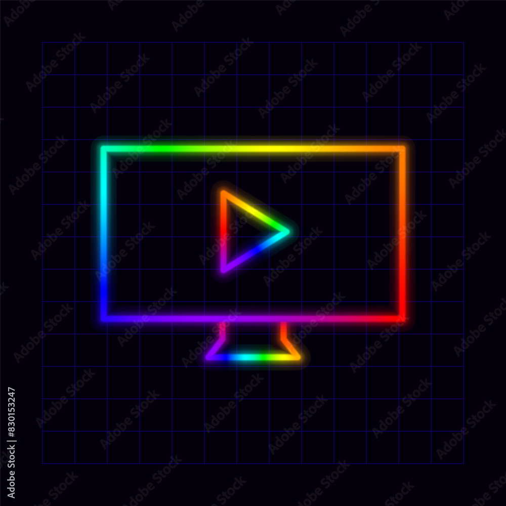 Vetor de Computer diplay screen video icon, neon rainbow visuals ...