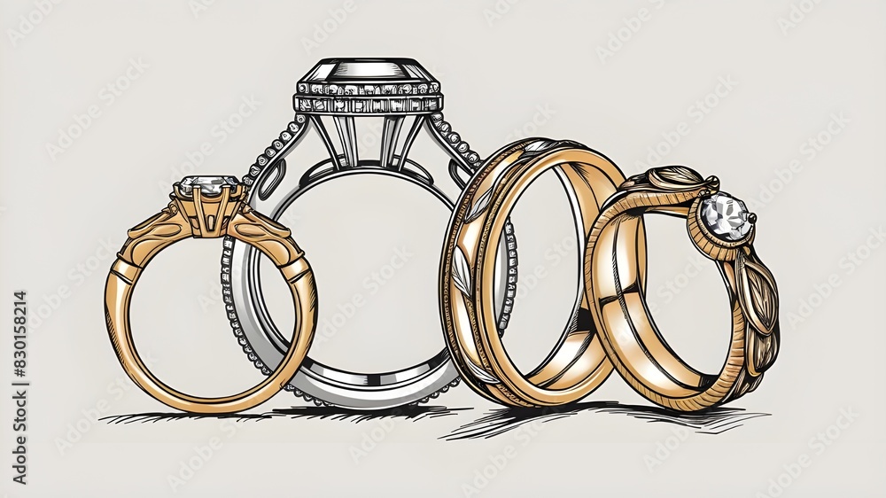 Hand Drawn Wedding Rings Set on White Background Stock Illustration ...
