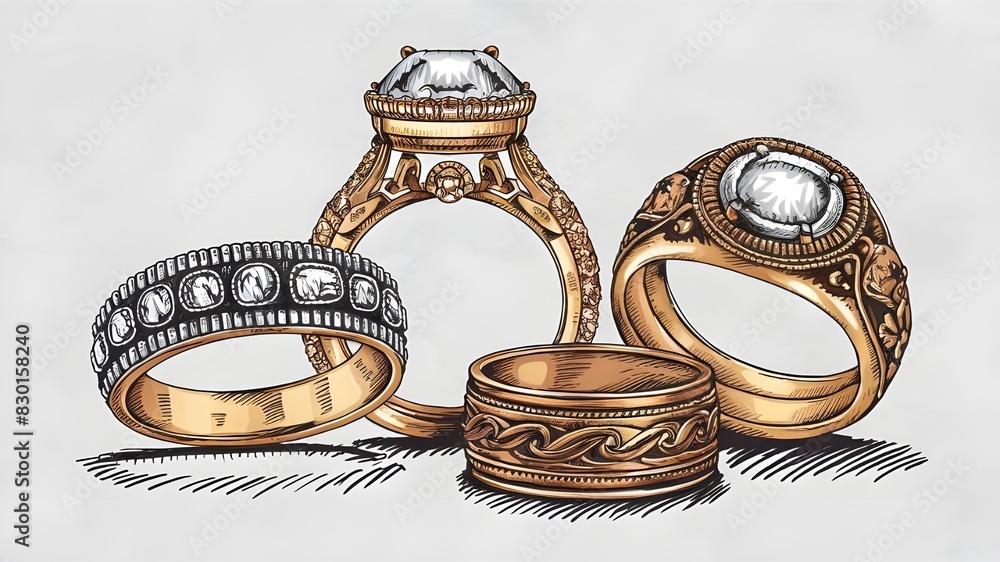 Hand Drawn Wedding Rings Set on White Background Stock Illustration ...