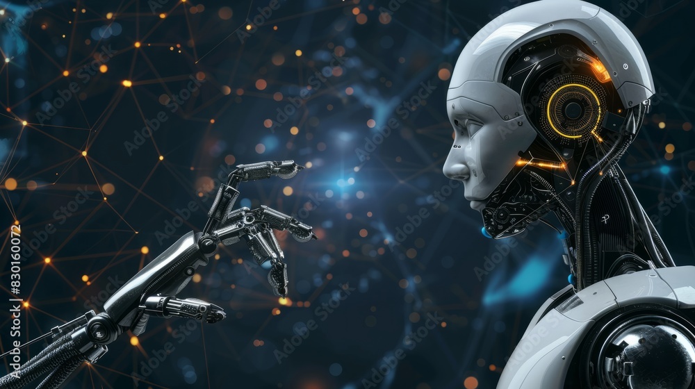 Robotics or ai artificial intelligence connecting interaction with human.Chat bot software ...