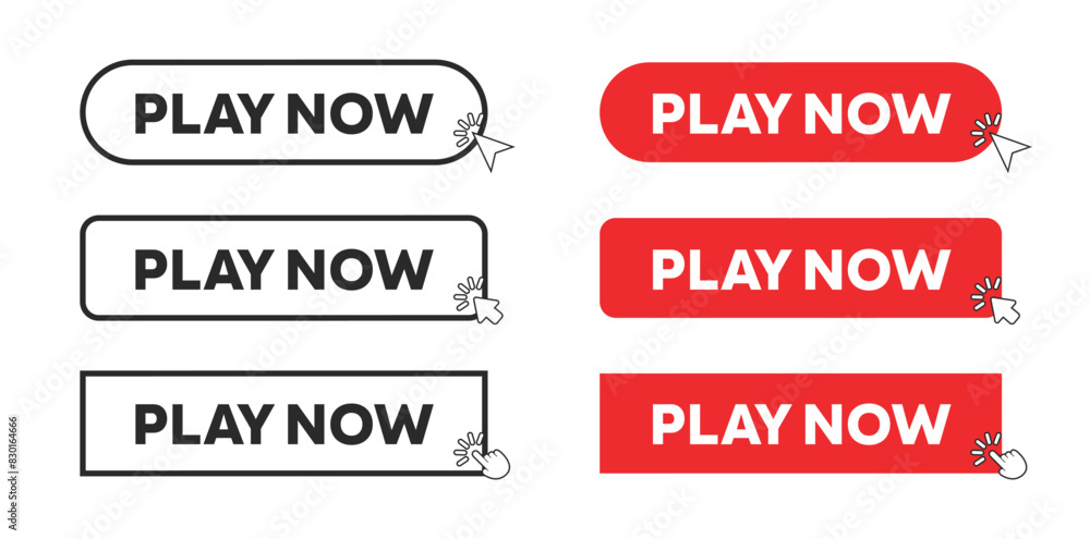 Play Now Web Button in Red Rectangle and outline style. Computer mouse ...