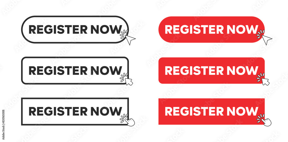 Register Now Web Button in Red Rectangle and outline style. Computer mouse click cursor or arrow ...