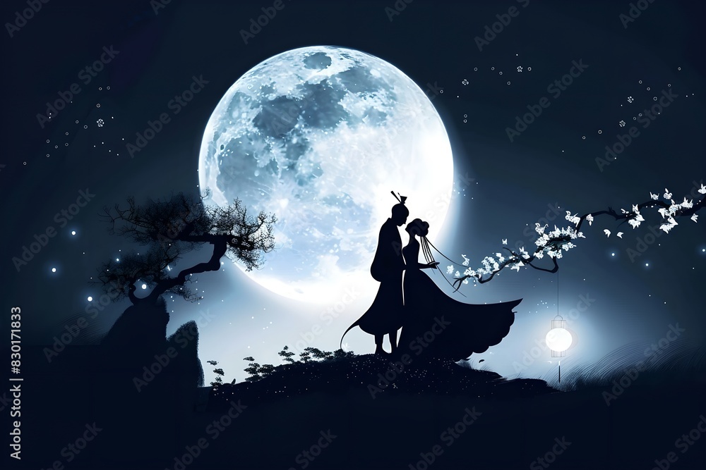 Silhouette of couple under moon with tree and lanterns. Tanabata ...