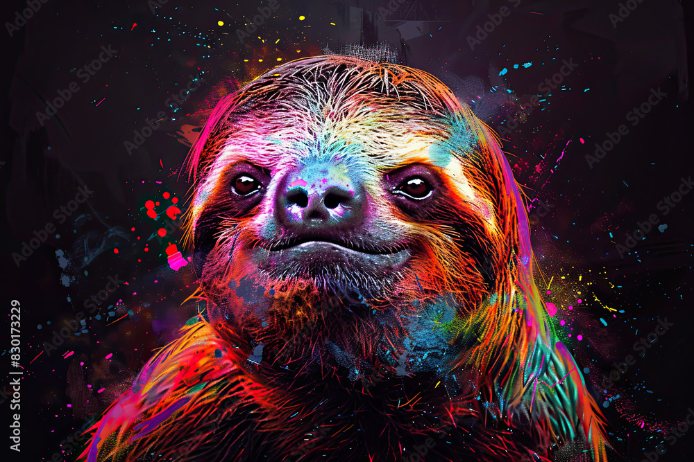 Vibrant Pop Art Illustration of a Sloth's Head in Bold Colors on a Rich ...