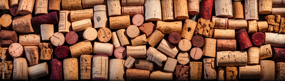 A closeup of a collection of vintage wine corks, rich textures, varied ...