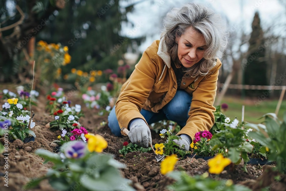 Side view photo of mature female Caucasian gardener planting flowers in ...