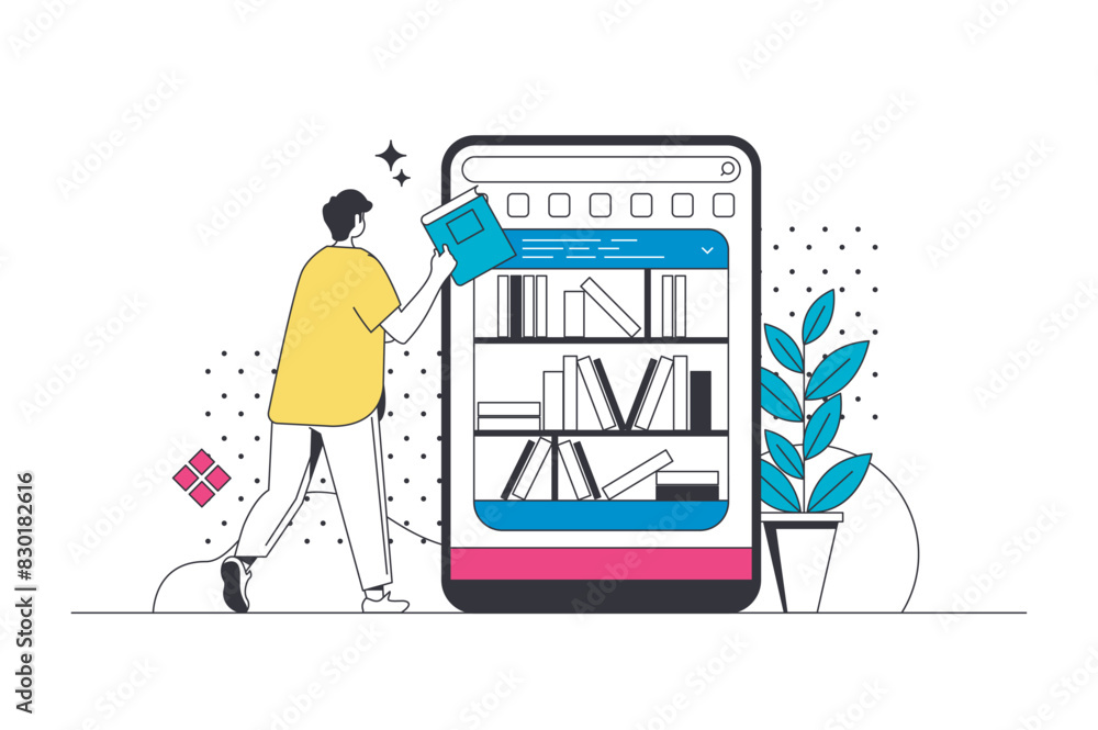 Online library outline web concept in modern flat line design. Man ...