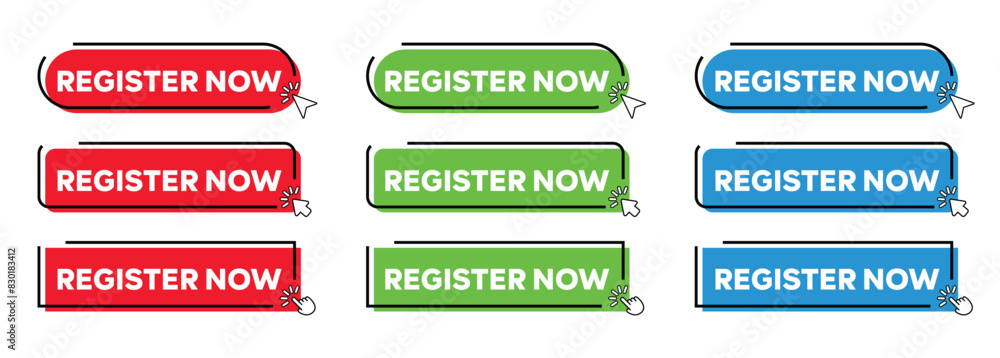 Register Now Button with Click cursor. Modern Simple web action button with click cursor or ...