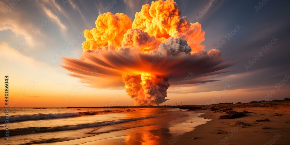 Aftermath of a nuclear bomb: fiery mushroom cloud in ocean. Concept ...