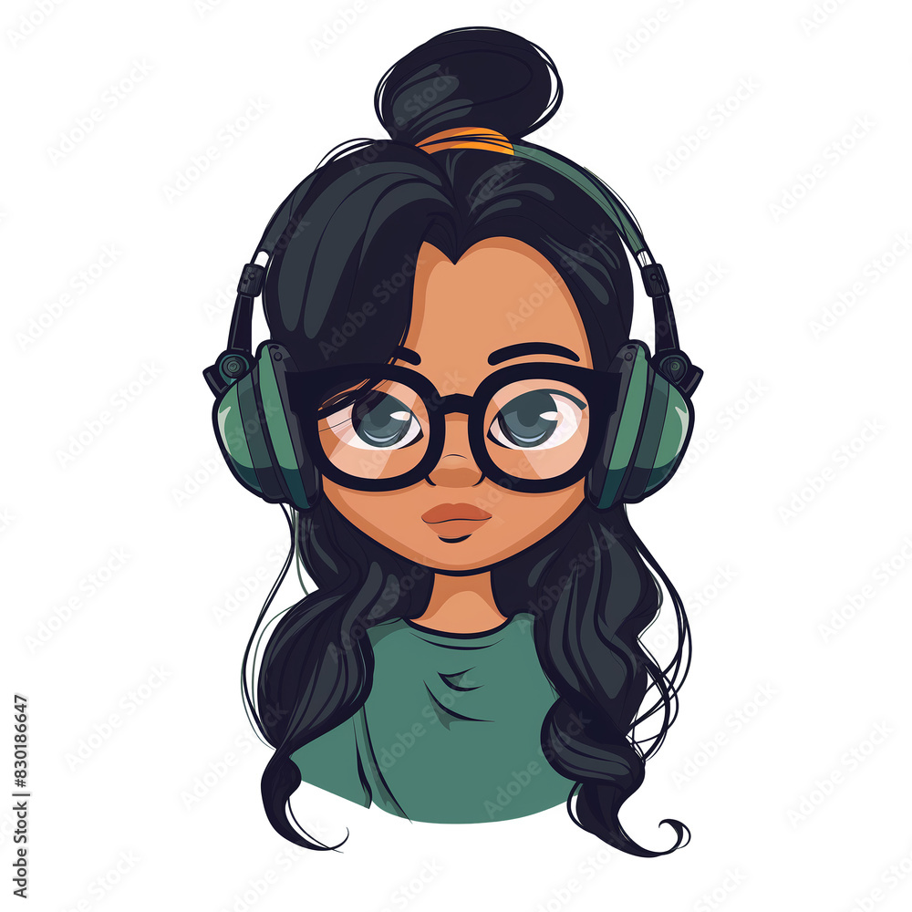 latina girl with black hair wearing headphones and glasses . Clipart ...
