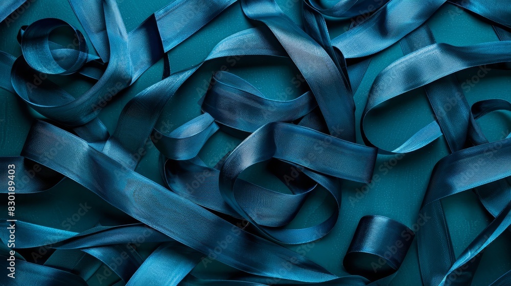 A close-up of multiple piles of blue ribbons, each atop the other Stock ...