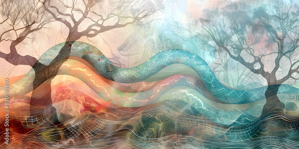 Colorful Artwork of a Rainbow Serpent in Nature: Australian Aboriginal ...