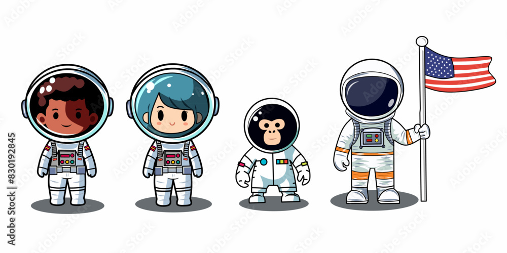 Kids astronauts in cosmic suits, with American flags, helmets. Girls ...