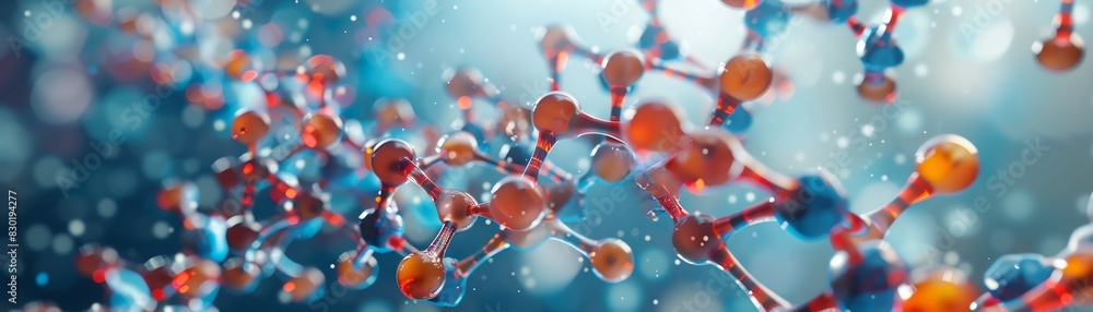 Abstract molecular structure with blue and orange atoms representing ...